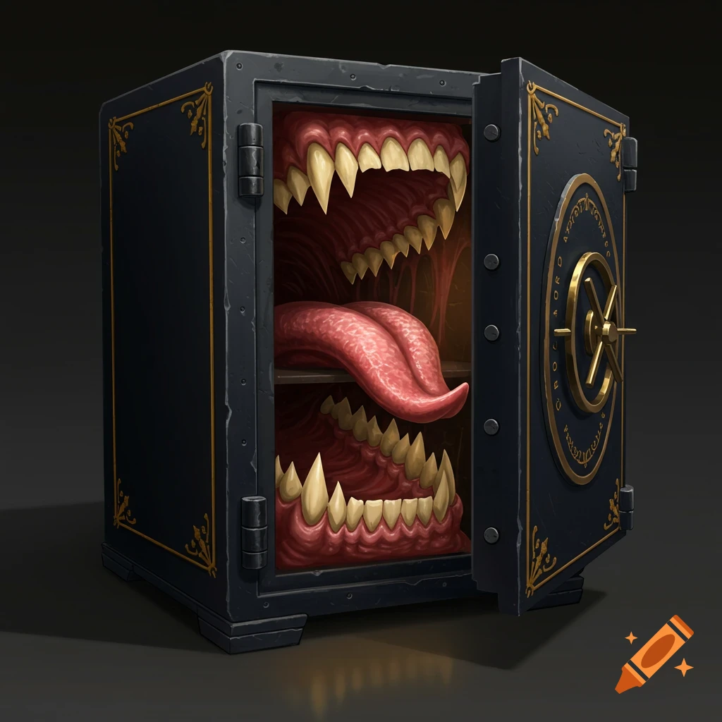 DND-style mimic of a modern safe with teeth and tongue on Craiyon