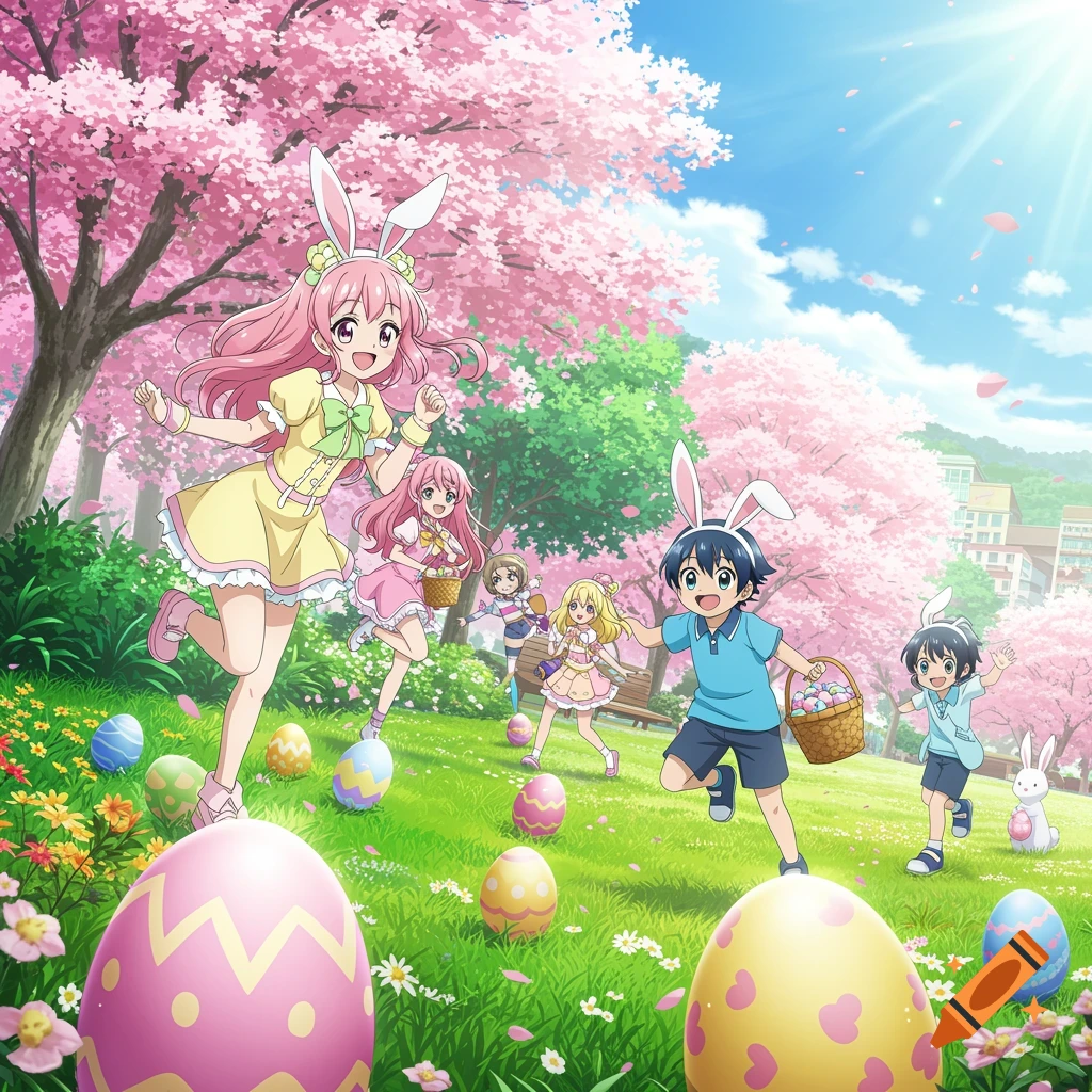 Anime characters enjoy an Easter egg hunt in a park with blooming ...