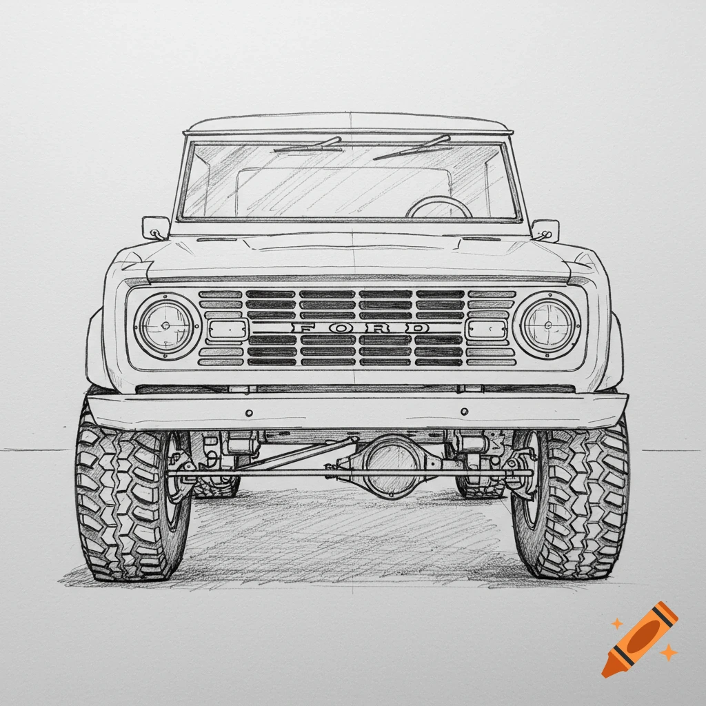 Pencil outline drawing of a 1972 Ford Bronco on Craiyon