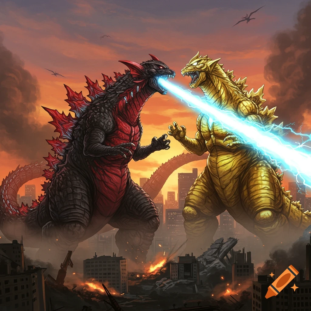 Two large kaiju monsters, one red and black, one gold, fighting in a ...