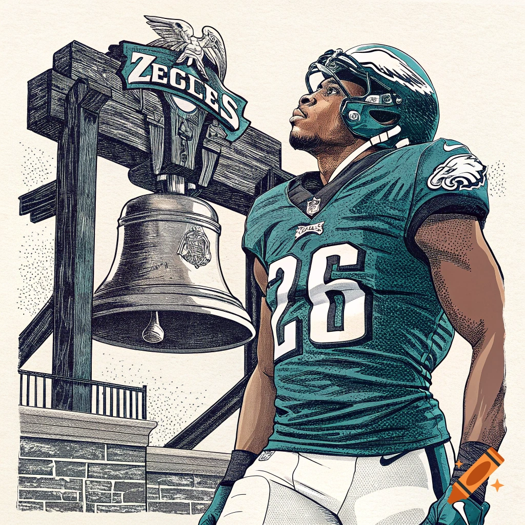 A football player in an Eagles jersey stands next to a large bell ...