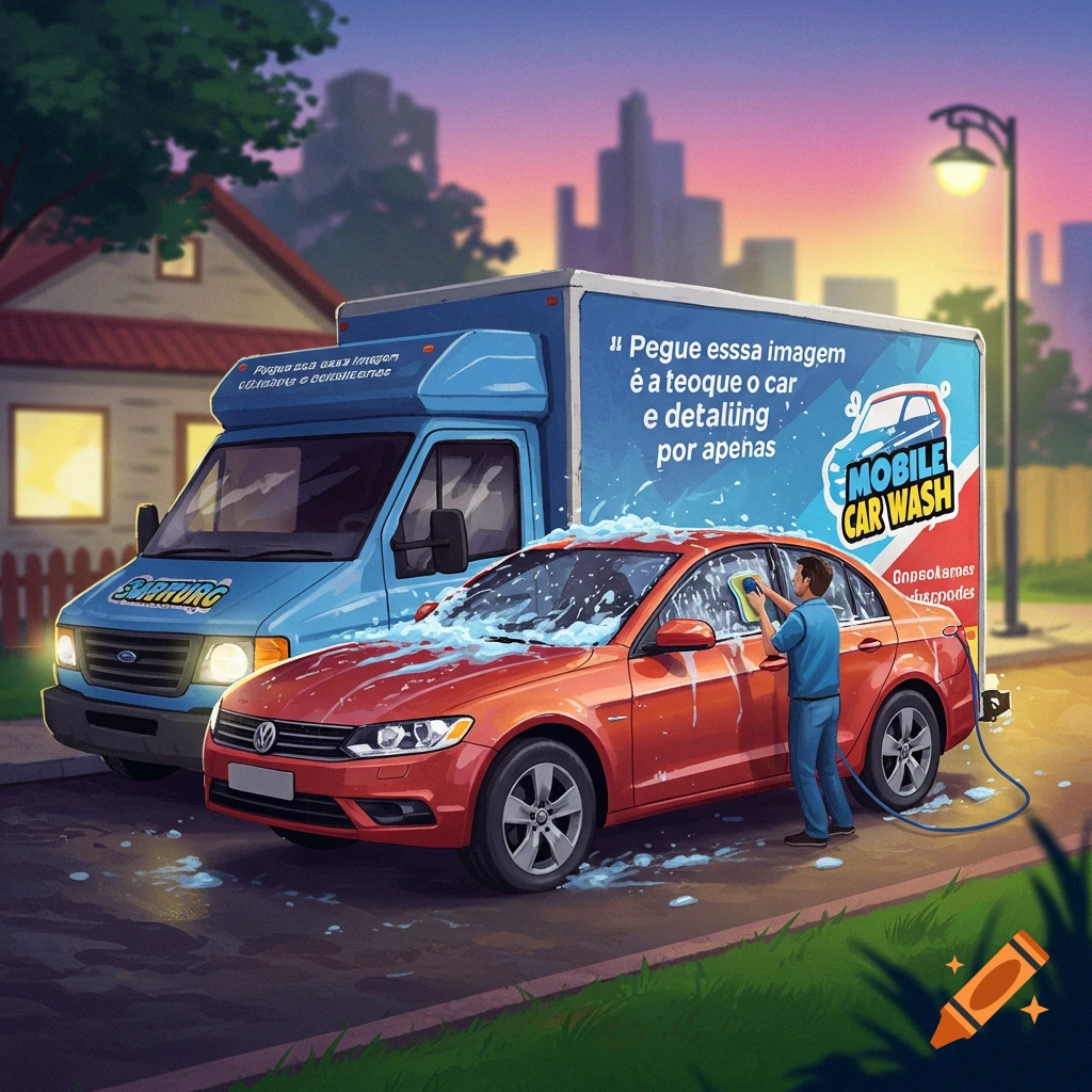 A mobile car wash truck and a person washing a red car. on Craiyon