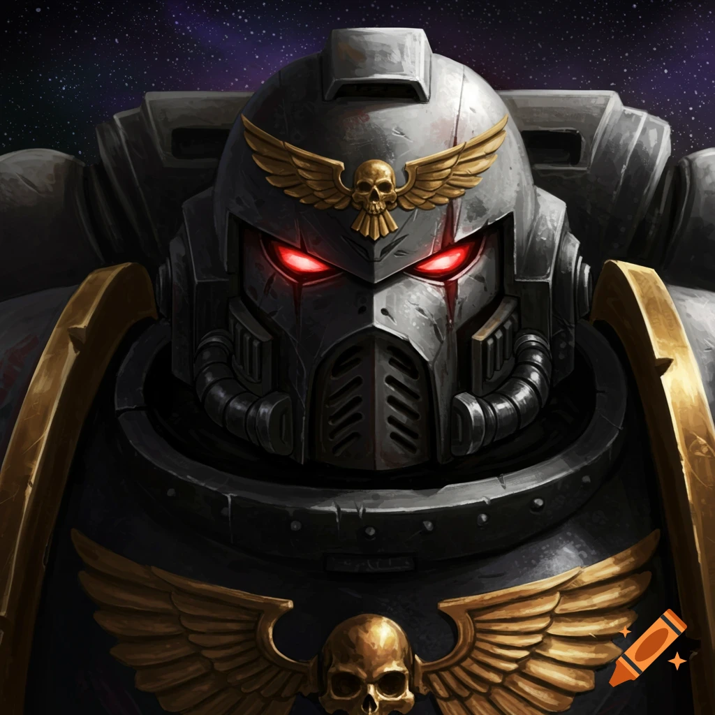 Close-up of a Space Marine helmet with red eyes and gold emblems ...