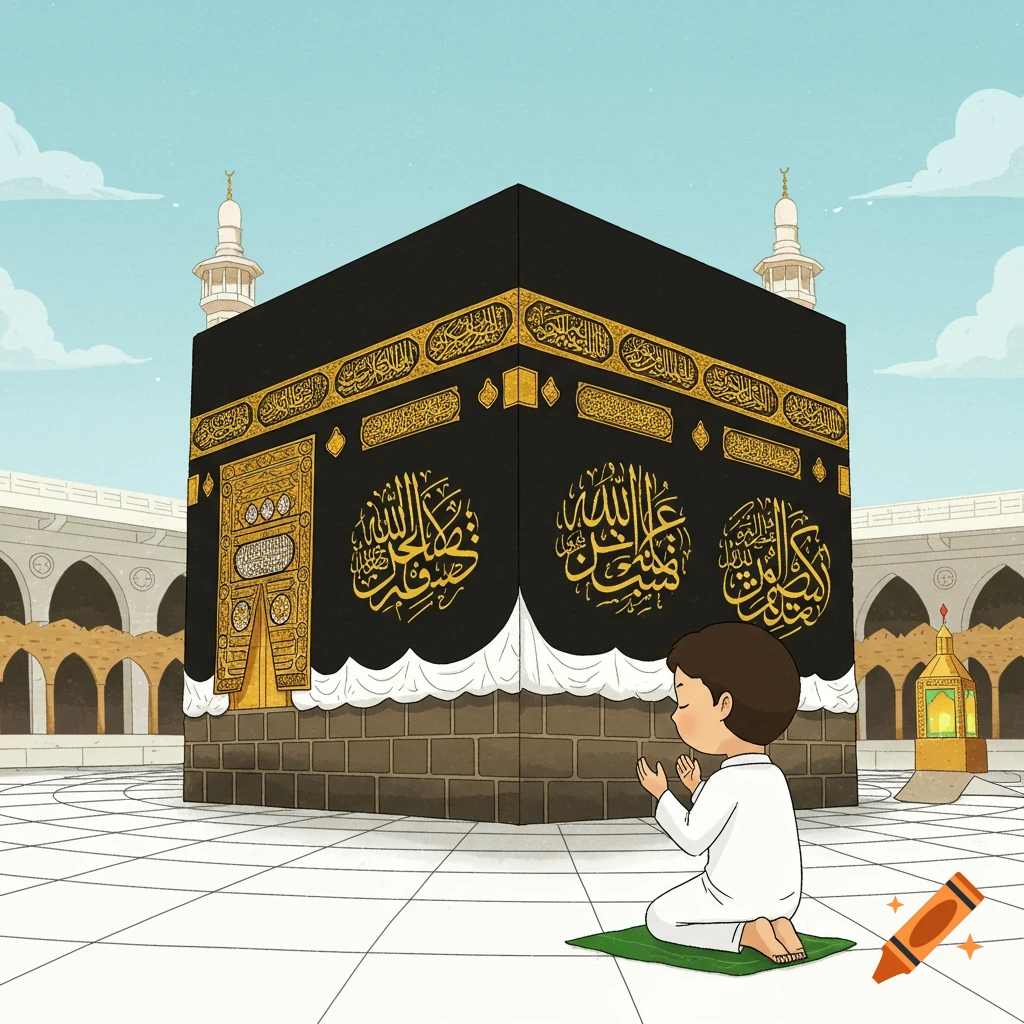 Illustration of Kaaba with a pilgrim praying. on Craiyon