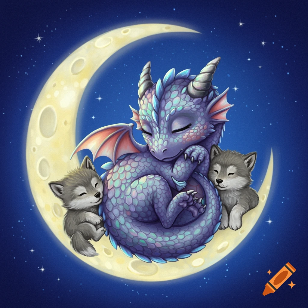 Cute baby dragon sleeping on a crescent moon with baby wolves on Craiyon