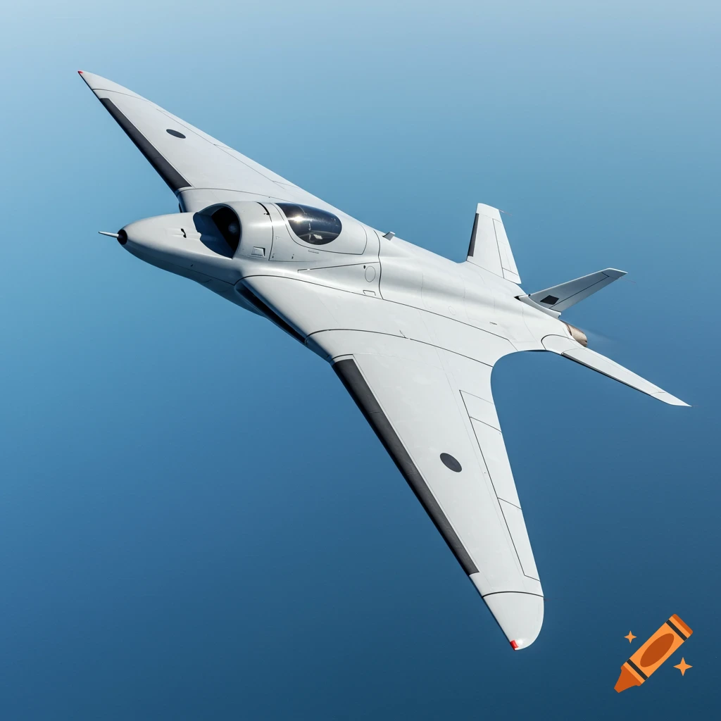 A sleek, futuristic flying wing concept aircraft against a clear blue ...