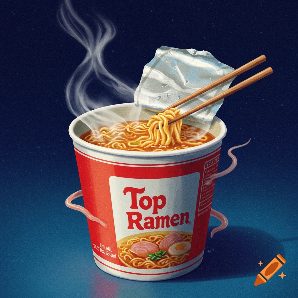 A cup of ramen with chopsticks, steam rising, and pink tentacles ...