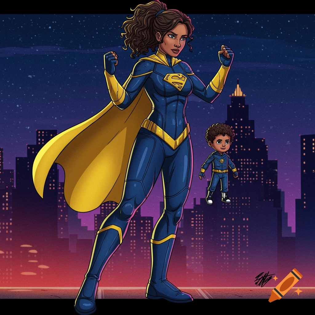 A Black superhero in a purple and orange cape stands on a rock overlooking a futuristic ...