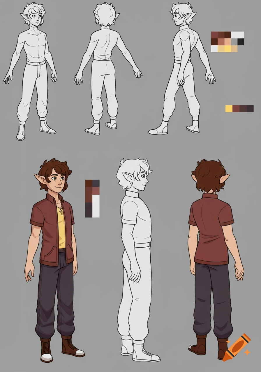 Character reference sheet showing a person from front, side, and back ...