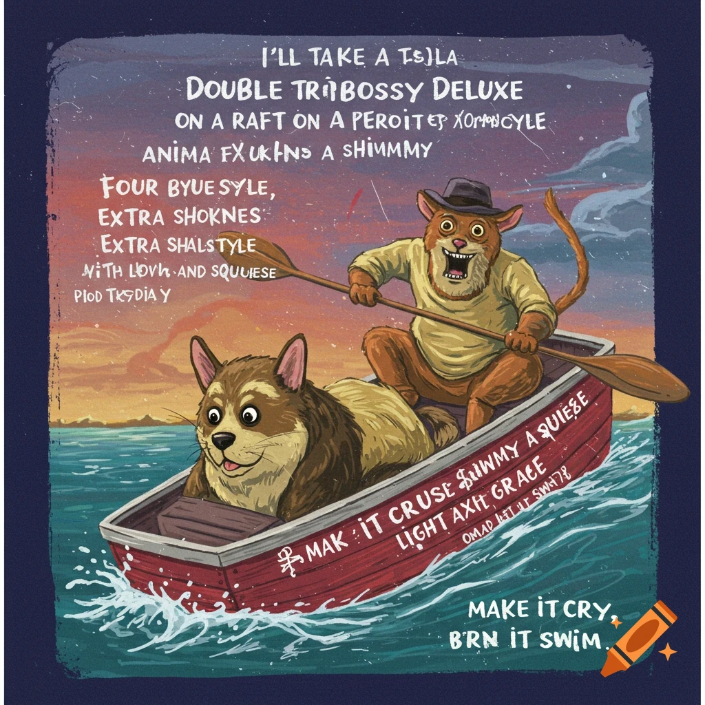 Double Triple Bossy Deluxe on a raft, animal-style on Craiyon