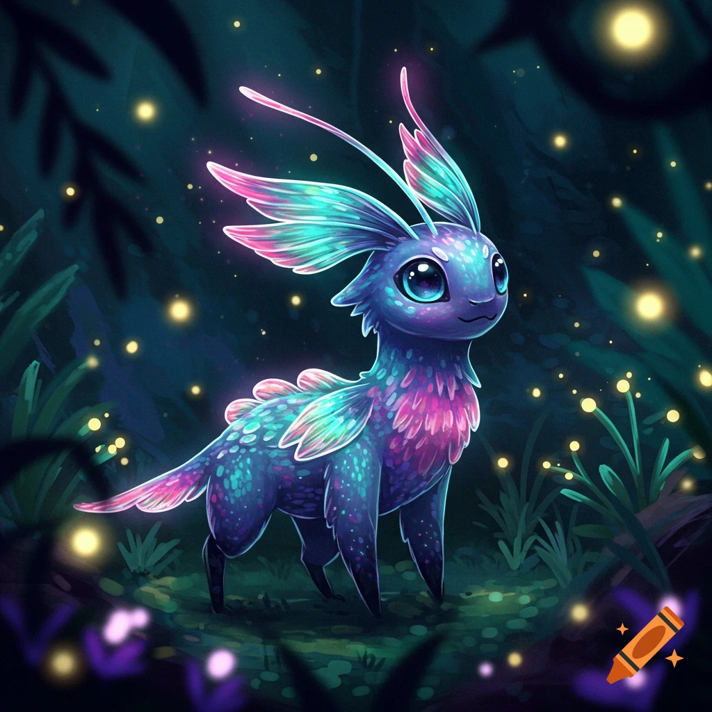 A small iridescent fantasy creature stands in a dark forest with ...