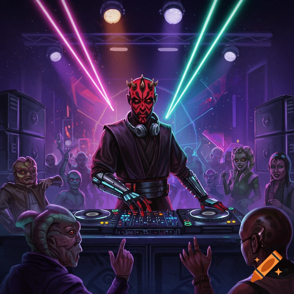 A man with red and black markings on his face is DJing in a futuristic ...