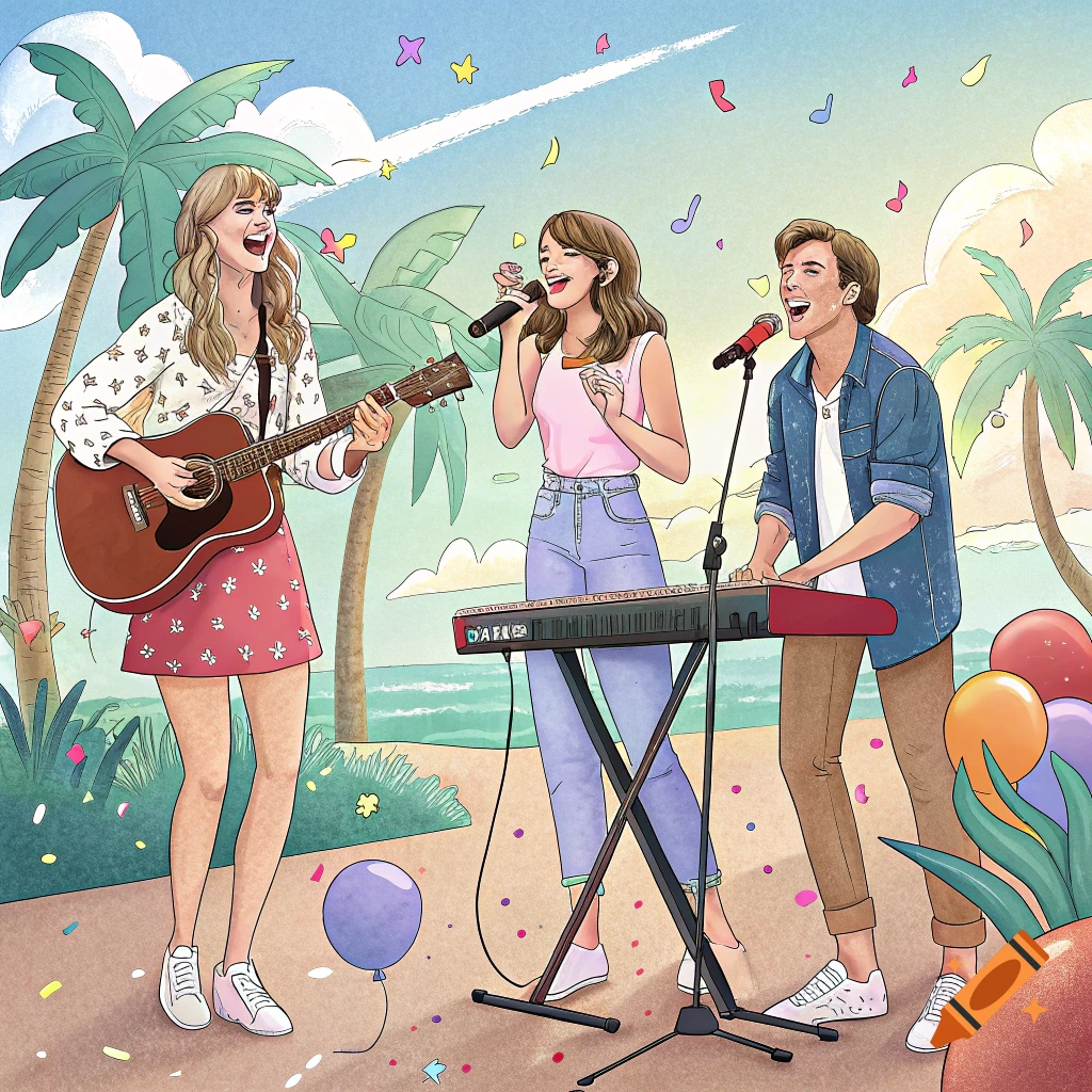 An illustration of a band playing music on a beach with palm trees ...