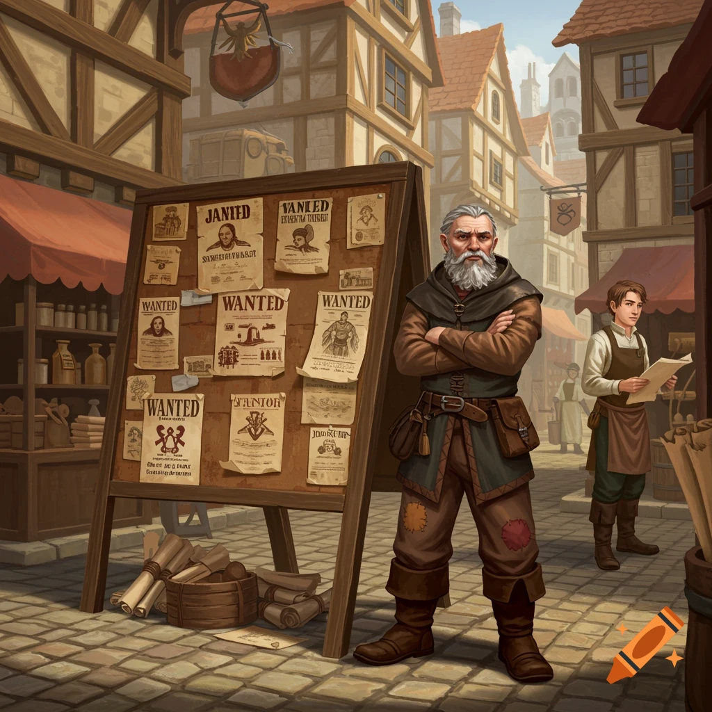 Medieval job board in merchant town with man and assistant on Craiyon