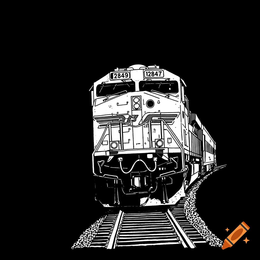 White outline drawing of a diesel train approaching on tracks against a black background. on Craiyon