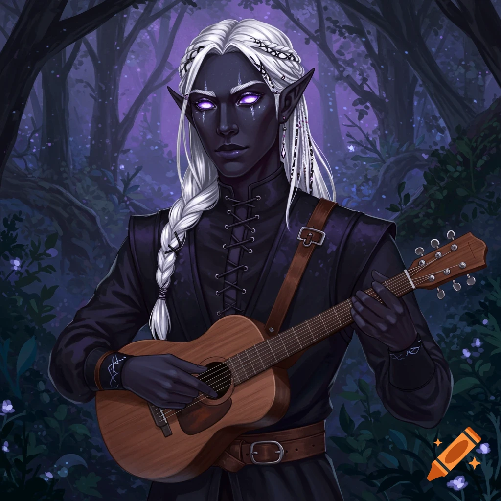 A dark elf bard plays a guitar in an enchanted forest. on Craiyon