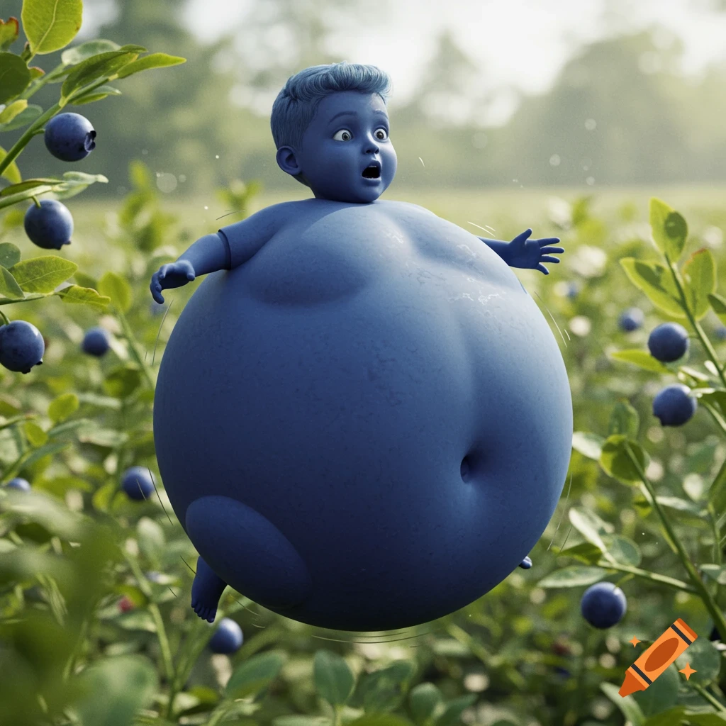 A boy with blue skin, shocked expression, and large round shape resembling a blueberry on Craiyon