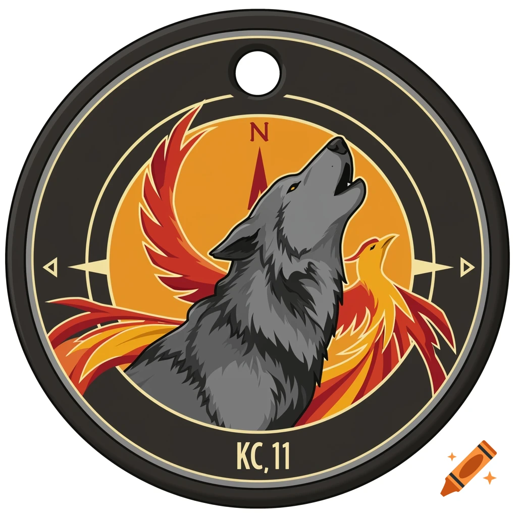 Pathtag coin design featuring a howling wolf, phoenix, and compass rose ...