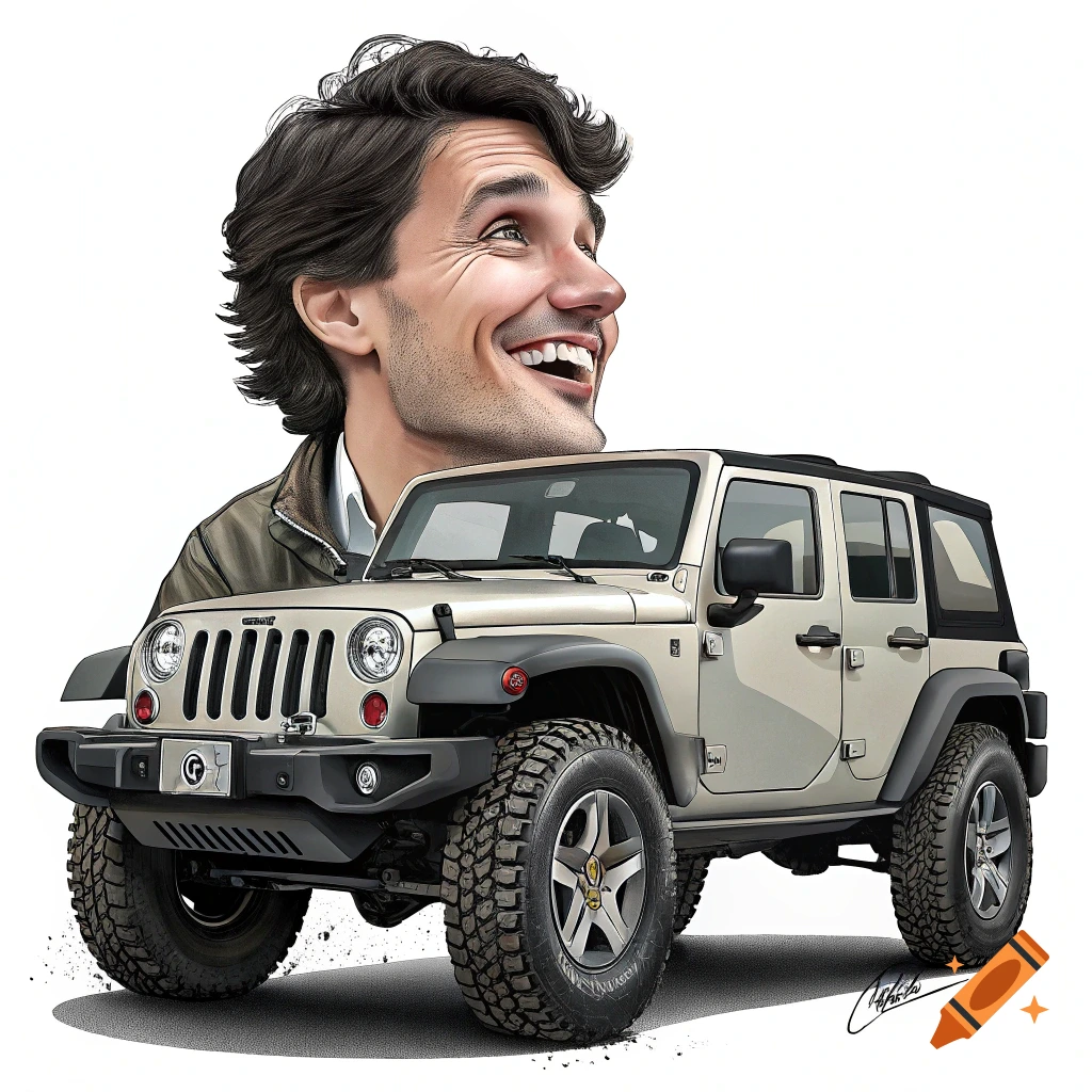 Caricature of a smiling man looking up next to a Jeep Wrangler. on Craiyon