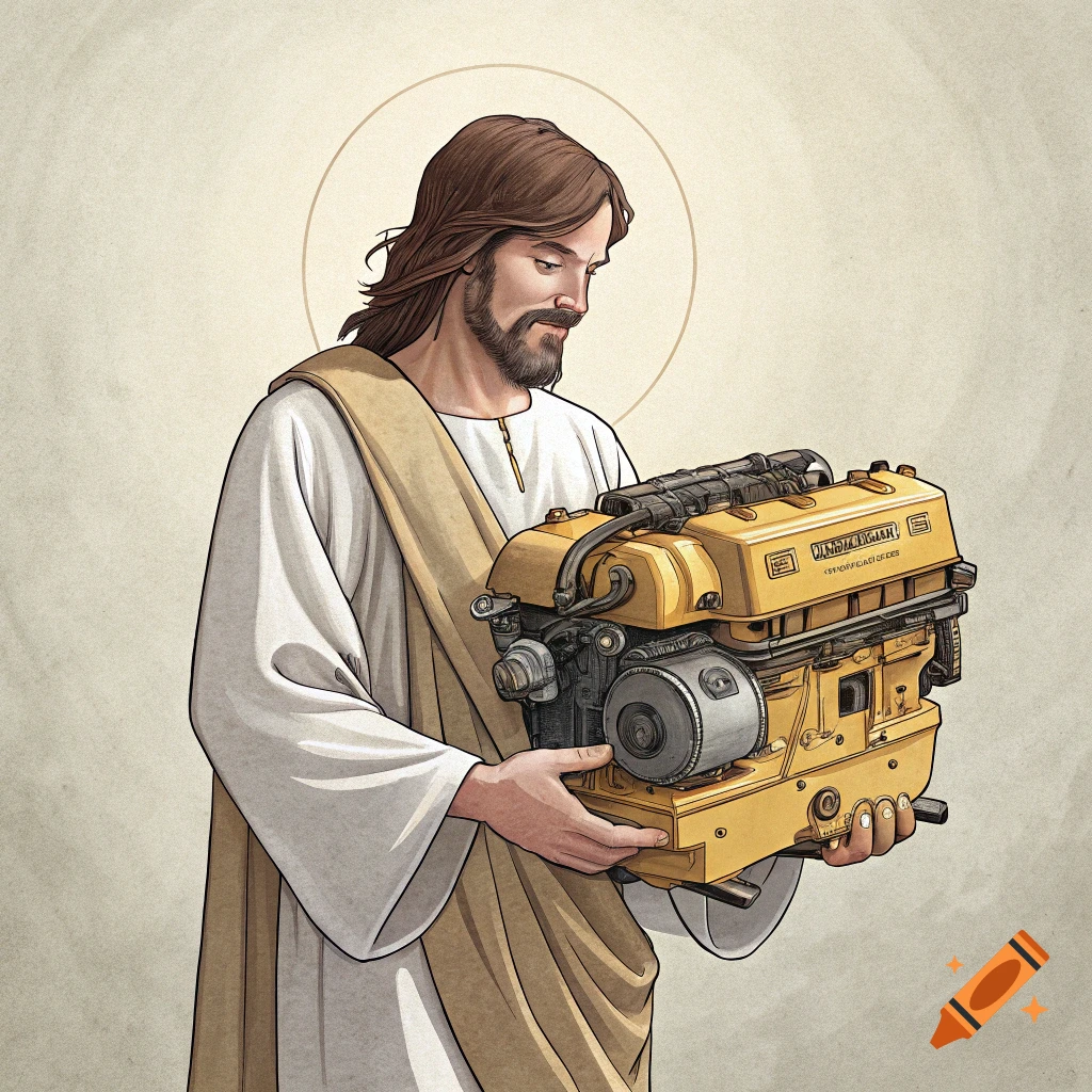 Jesus holding a car engine in an illustrative style. on Craiyon