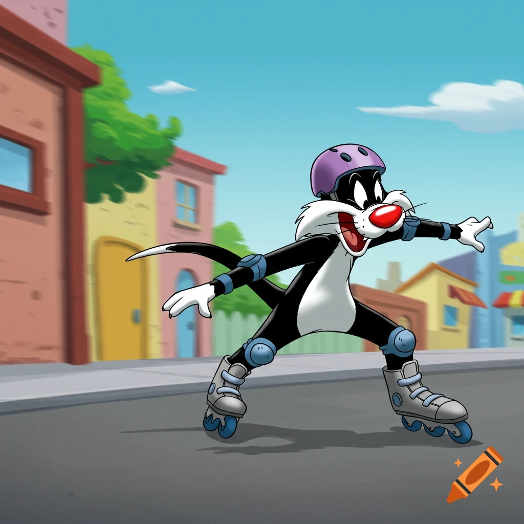 Sylvester the Cat rollerblading down a street on Craiyon
