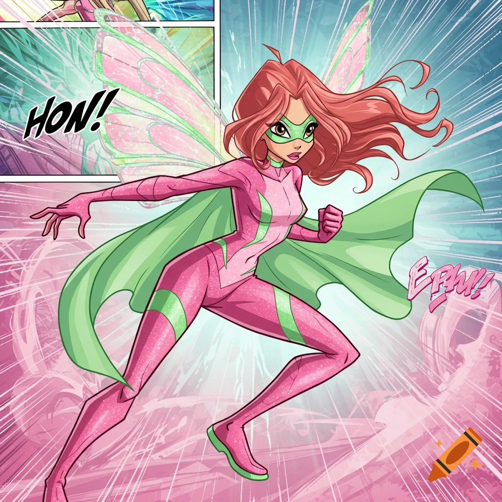 Six Winx Club fairies flying and posing in a school courtyard. on Craiyon