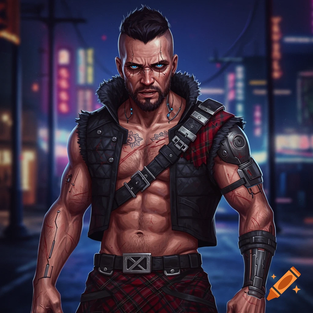 A man with cyberware and scars stands in a cyberpunk city at night. on ...