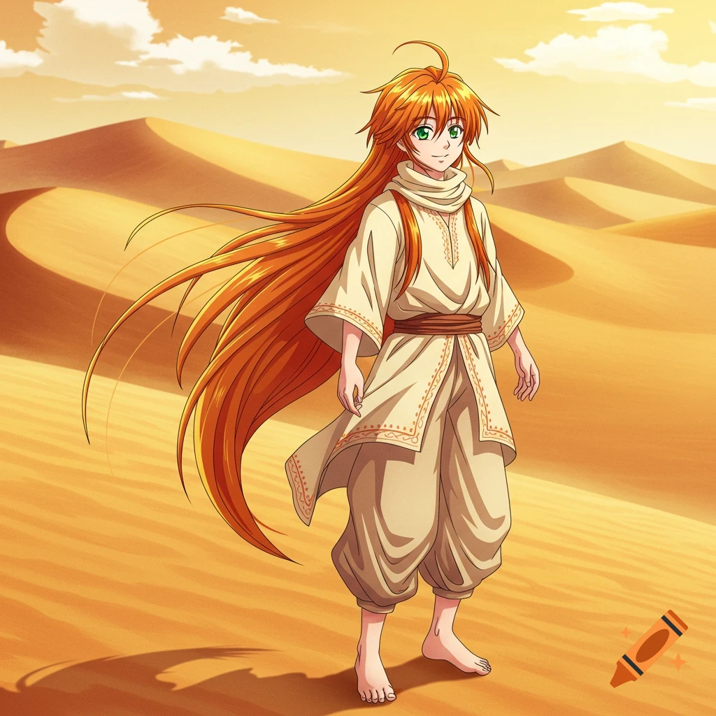 Anime boy with long orange hair, green eyes, wearing desert clothes ...