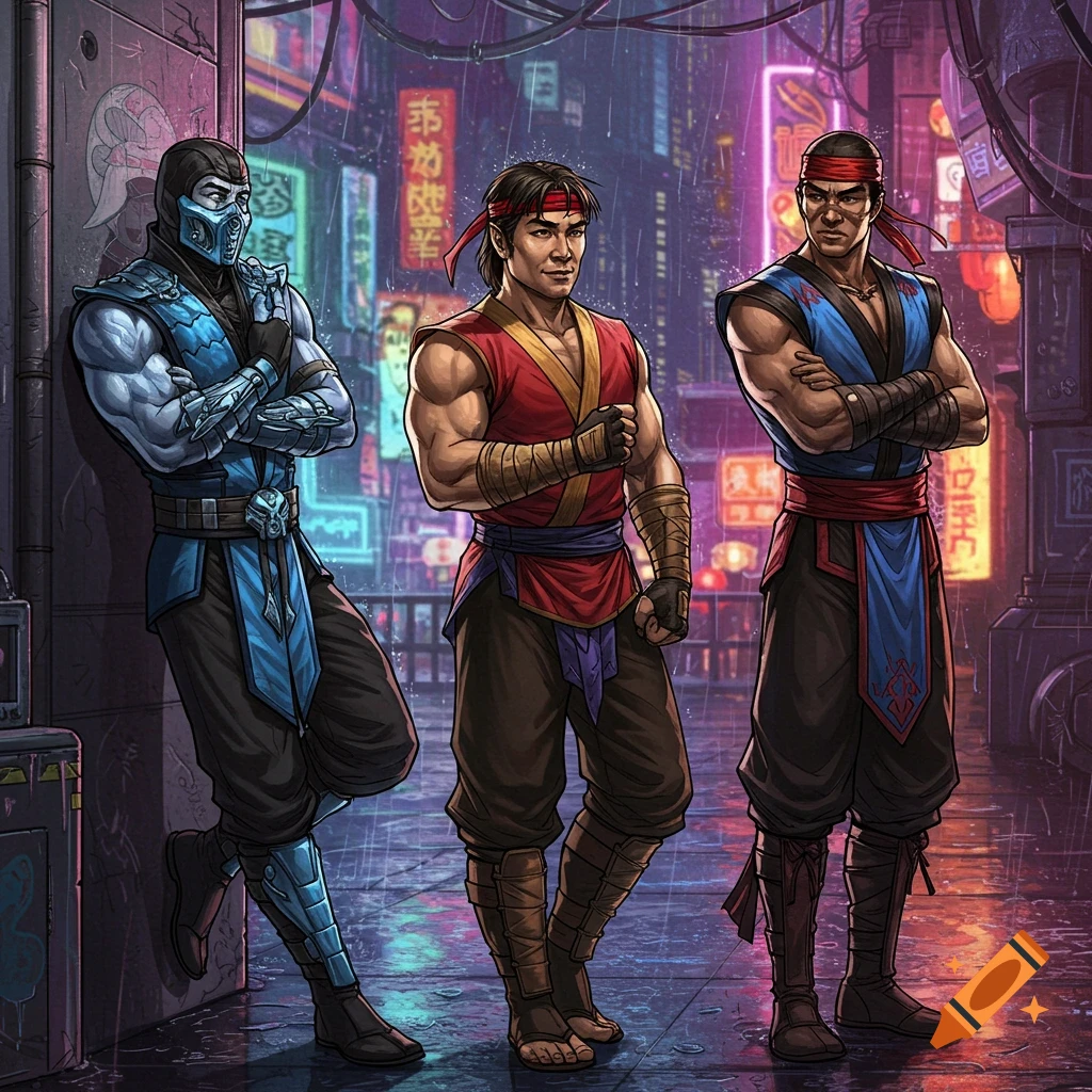 Sub Zero, Liu Kang, and Noob Saibot from Mortal Kombat on Craiyon