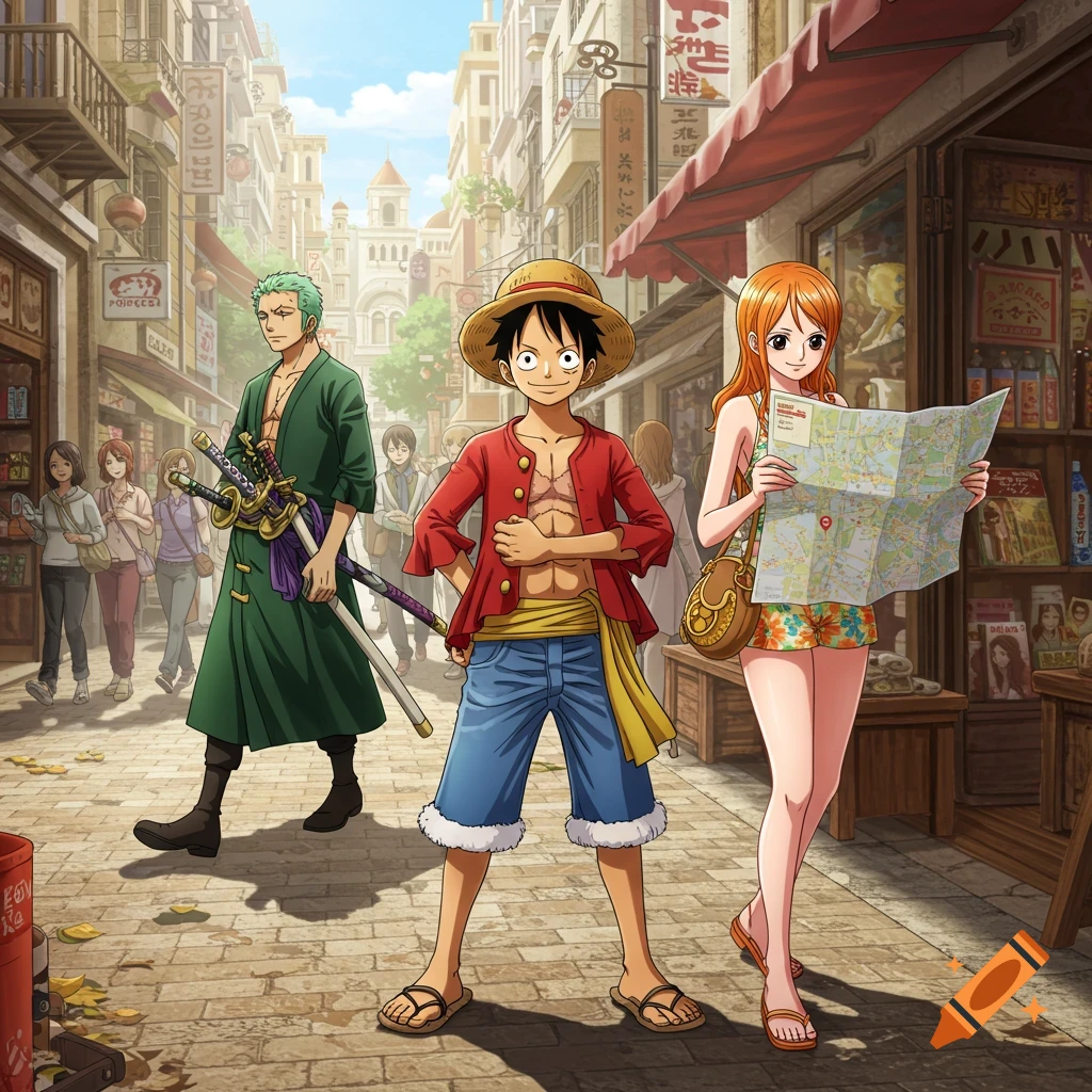 Anime characters Luffy, Zoro, and Nami stand in a busy city street ...