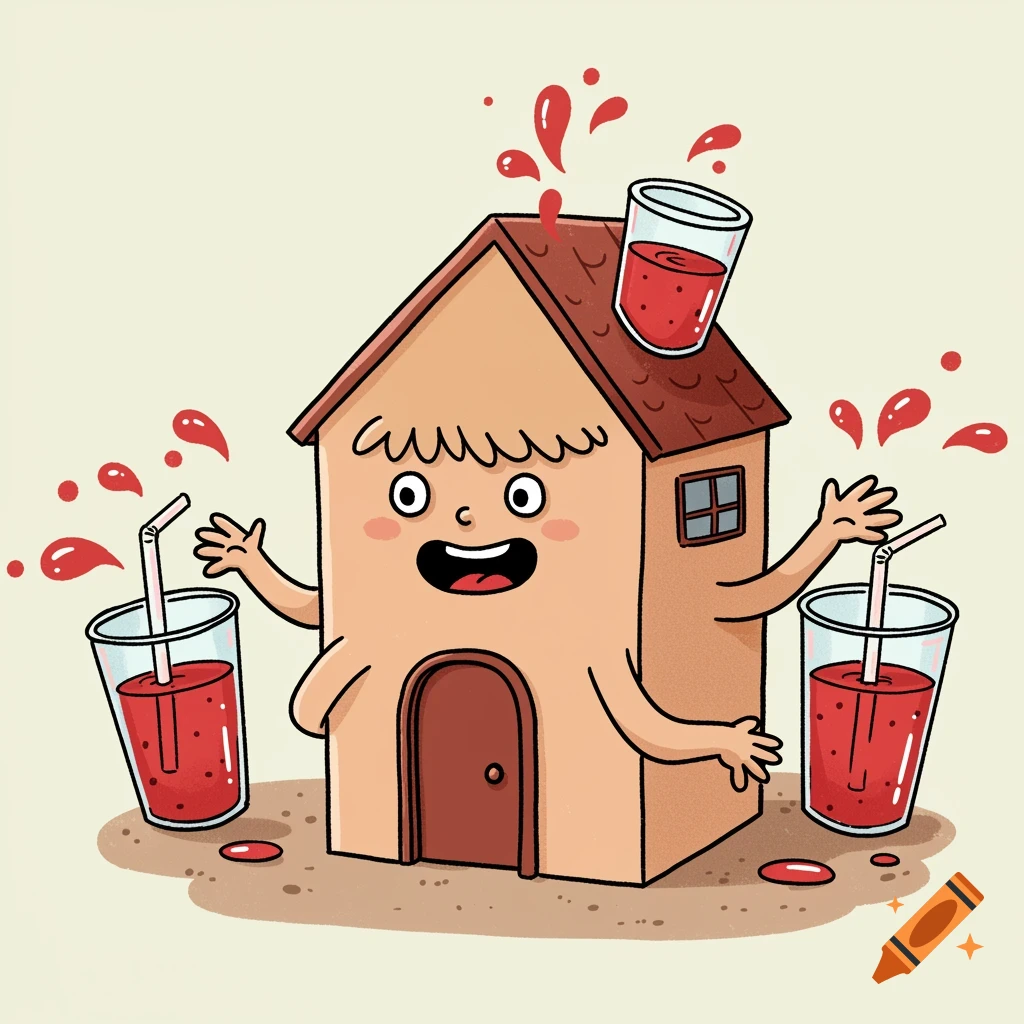 Hand-drawn house with human features and cups of red juice on Craiyon