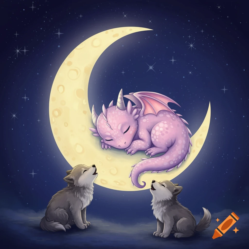 A whimsical scene of a baby dragon sleeping on a crescent moon with two ...