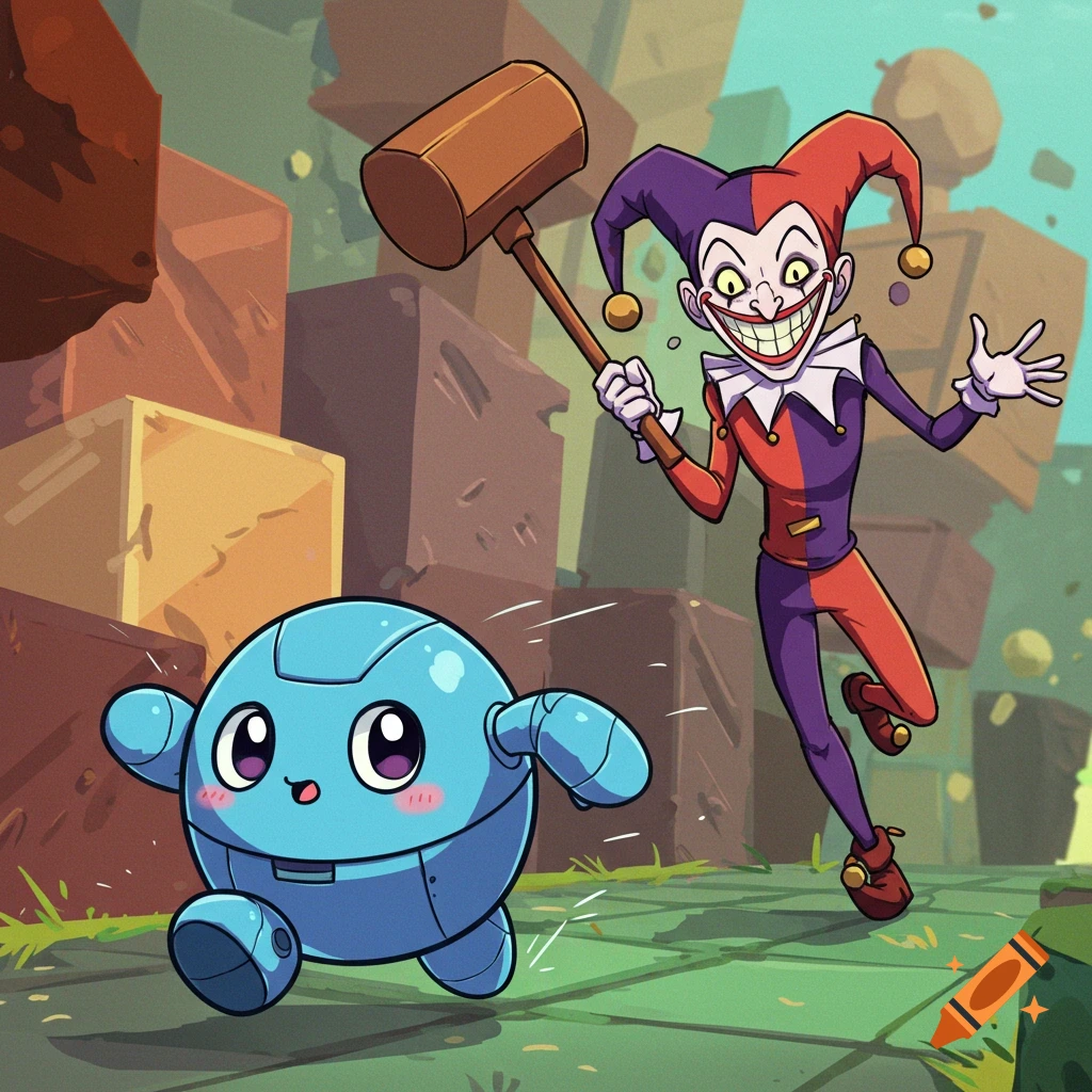 Cute semibot chased by a jester in a game on Craiyon