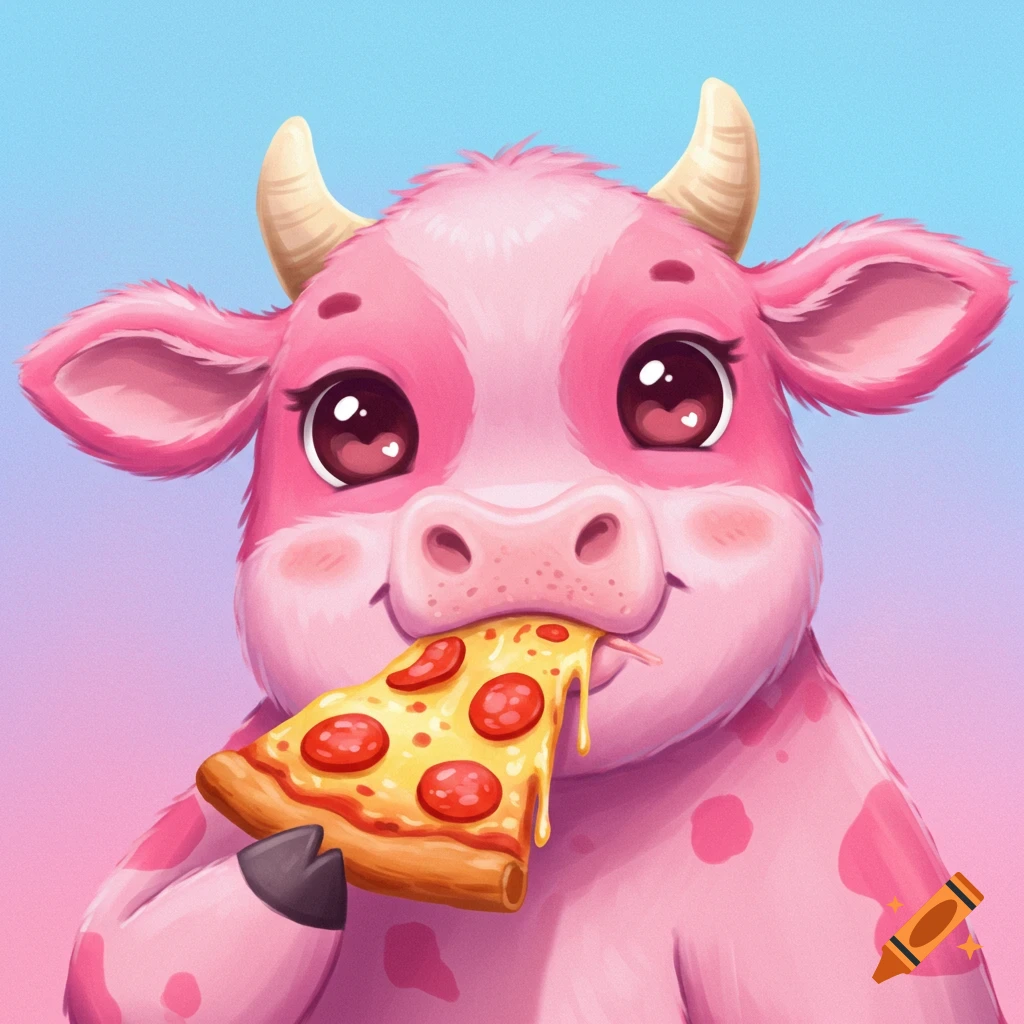 A cute pink cartoon cow eating a slice of pepperoni pizza. on Craiyon