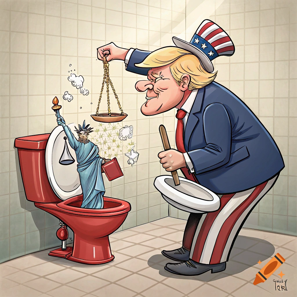 Cartoon of Donald Trump flushing the Statue of Liberty and scales of ...