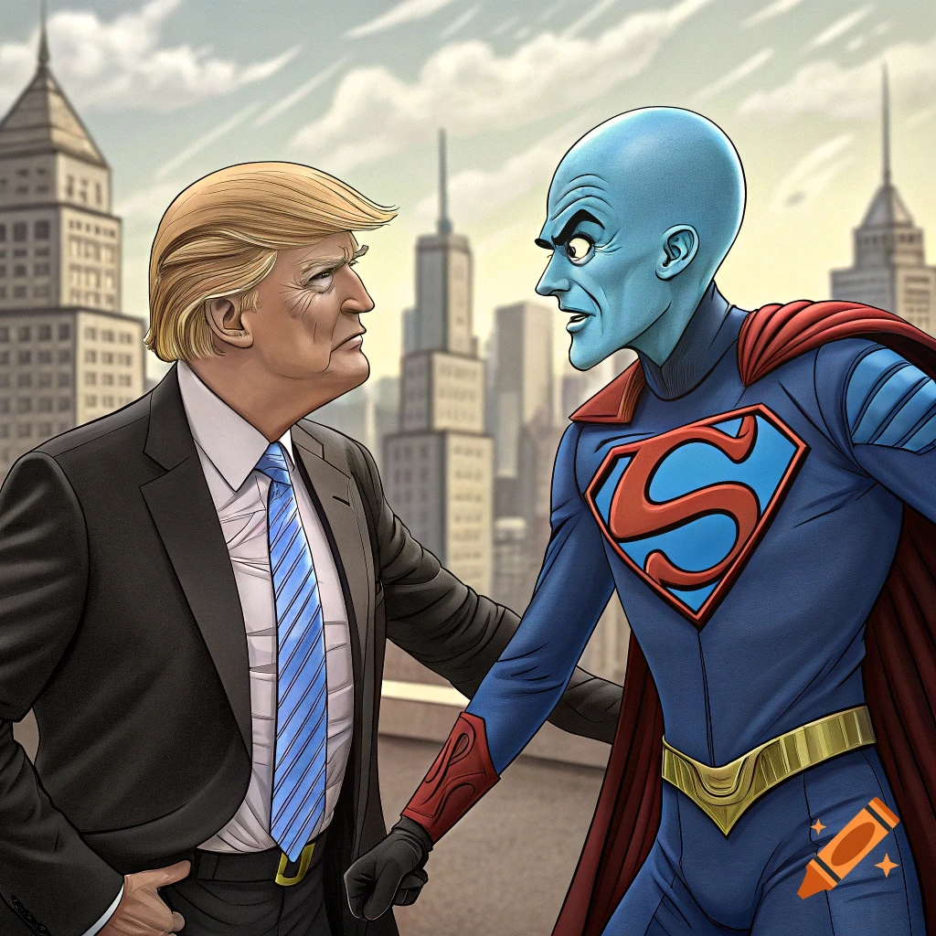 Cartoon of Donald Trump looking at a blue character with a cape and 'S ...