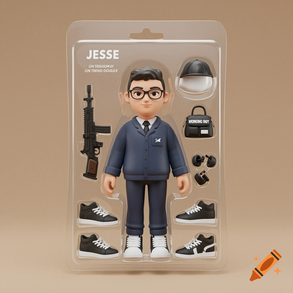 A 3D render of a stylized action figure toy in blister packaging with a ...