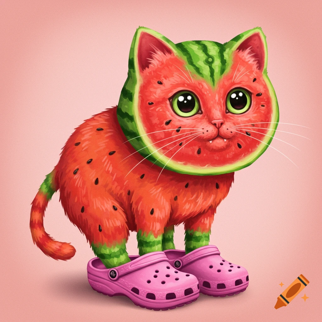 A cute cartoon cat with watermelon pattern on its head and body. on Craiyon