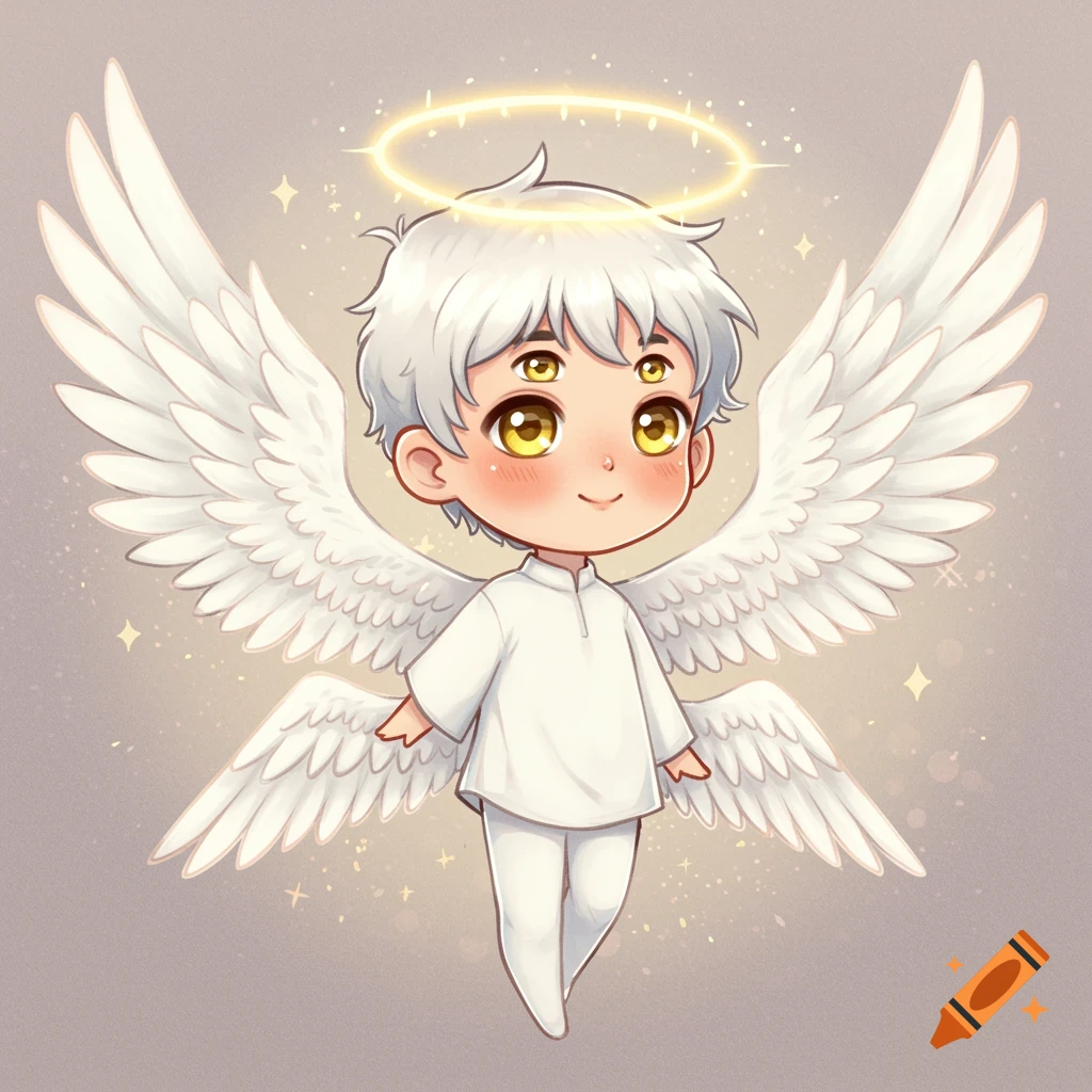 Chibi angel boy with gold eyes and white wings on Craiyon