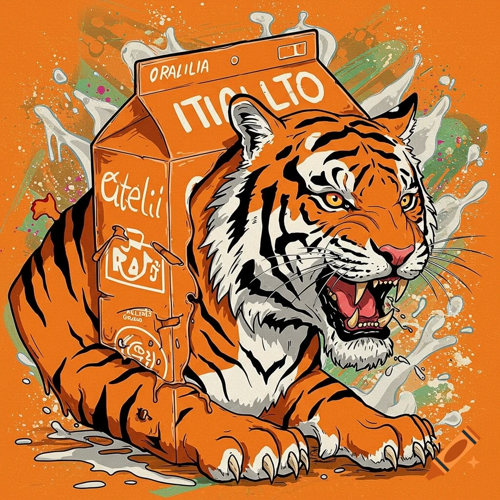 A stylized image of a tiger integrated with an orange milk carton with ...