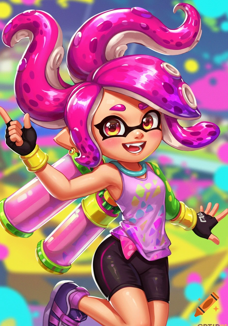 Frye from Splatoon waving and pointing on Craiyon