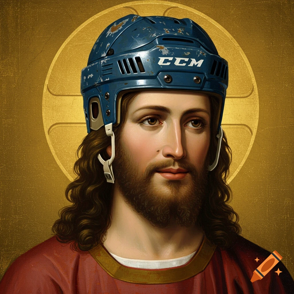 Jesus wearing a vintage CCM hockey helmet on Craiyon