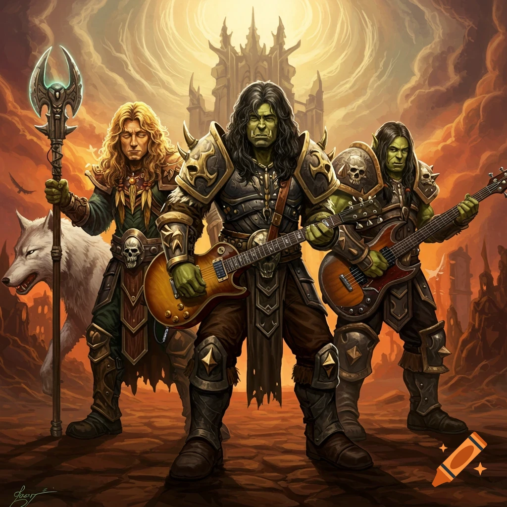 Fantasy characters including orcs and elves shout during a battle scene ...