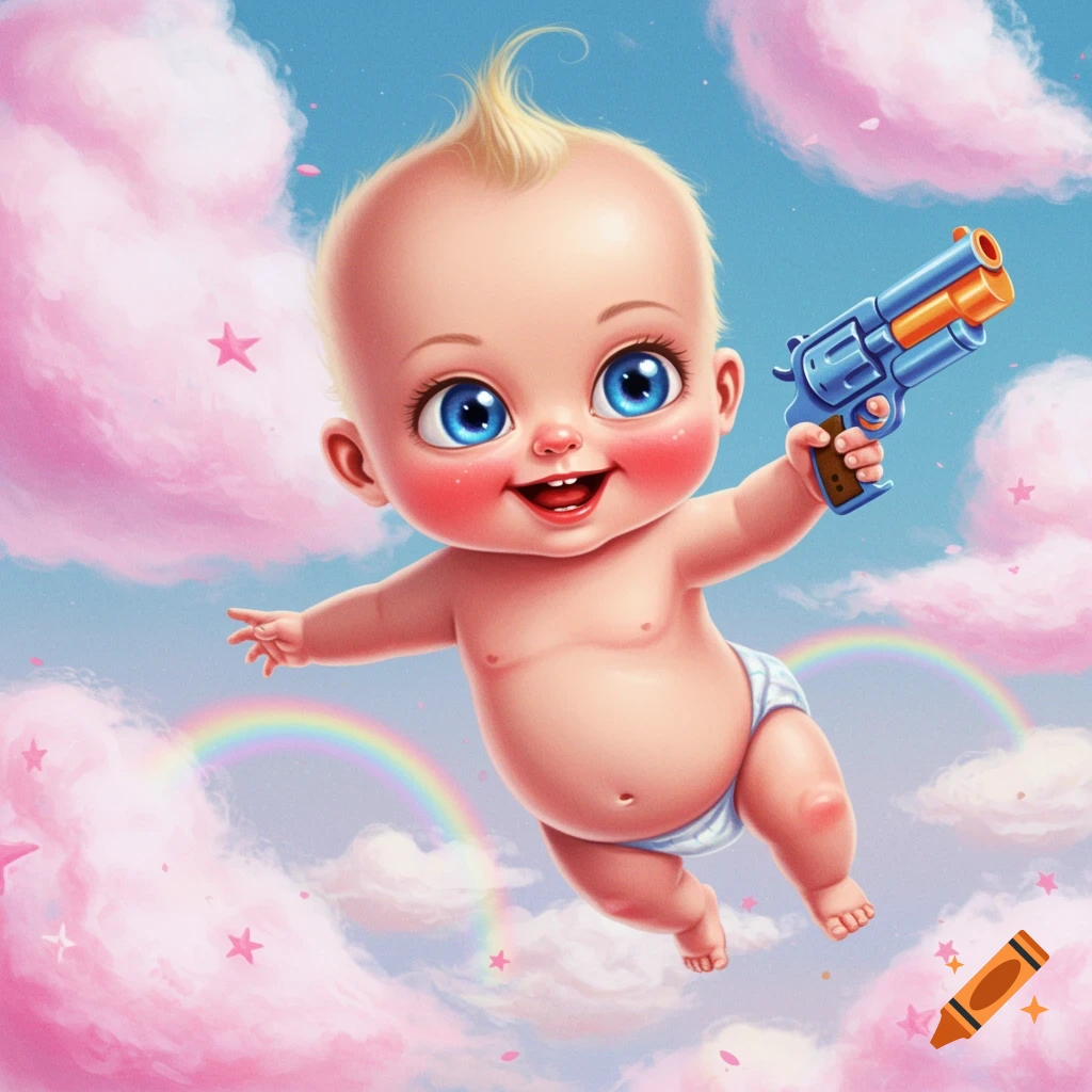 Digital illustration of a baby flying in the sky holding a toy gun ...