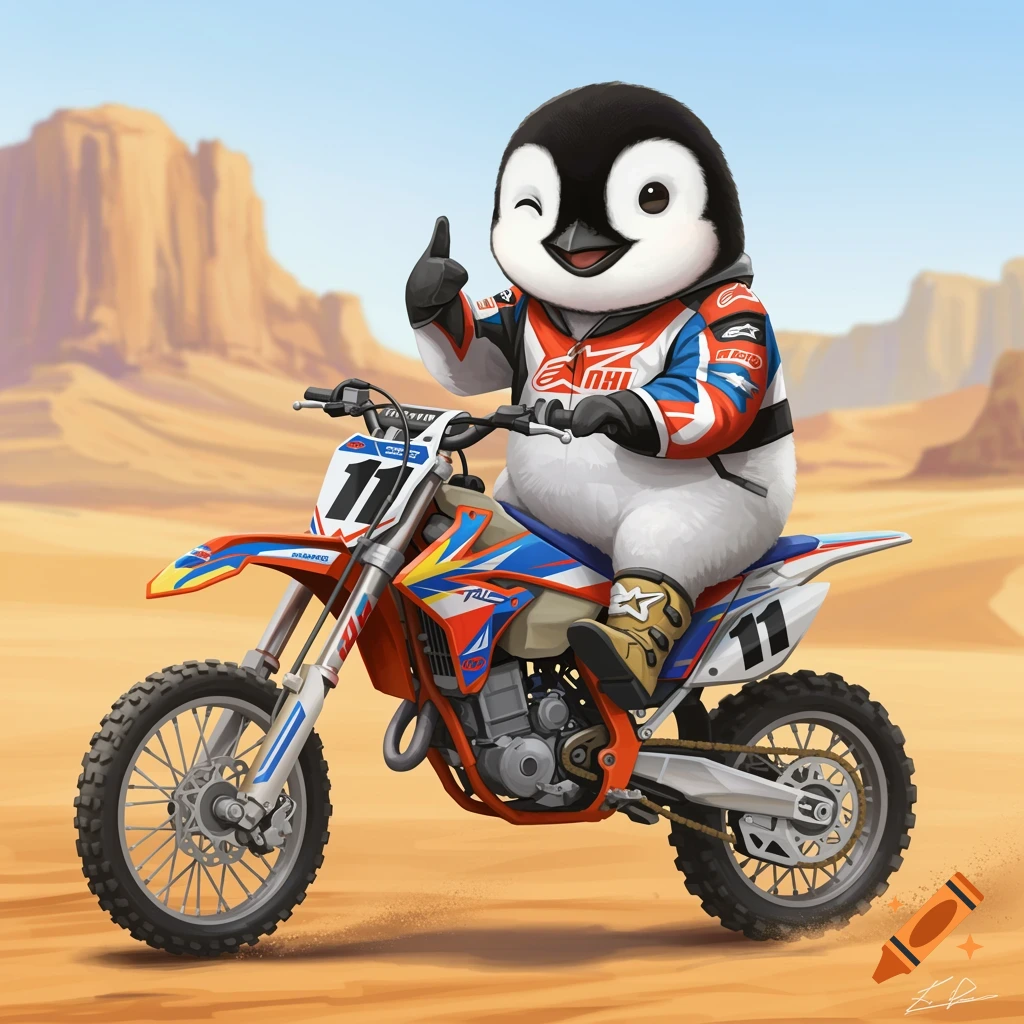 Cartoon penguin in a racing suit rides a dirt bike through the desert ...