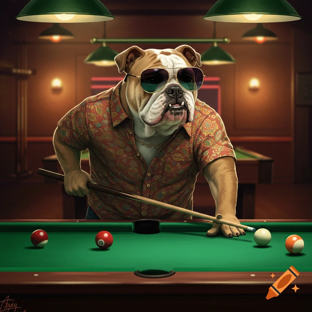 Bulldog in sunglasses and shirt plays pool in a pool hall. on Craiyon