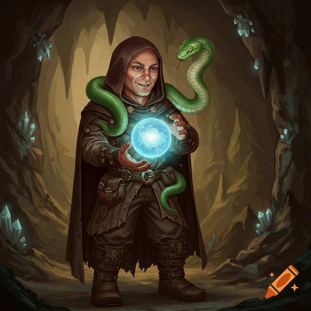 Hooded bald Halfling warlock with orb and snake familiar on Craiyon