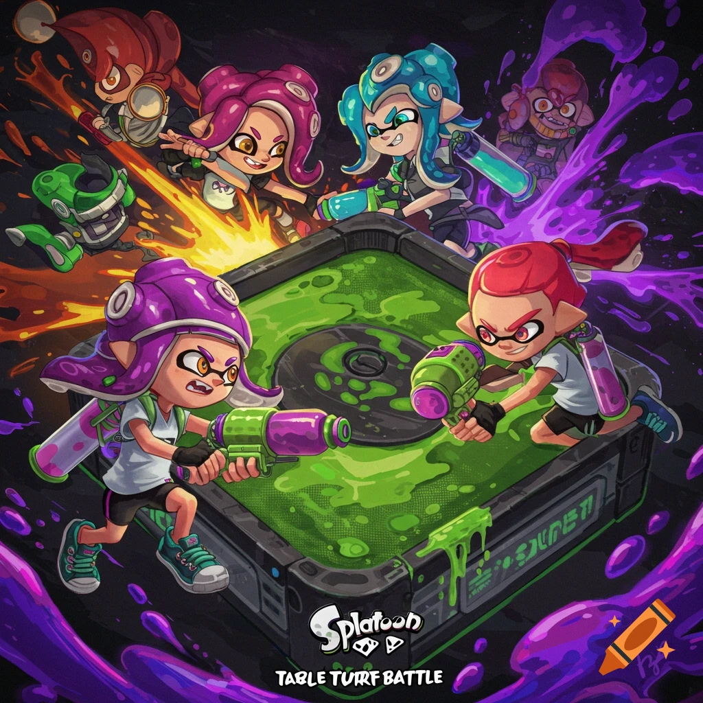 Splatoon characters playing Table Turf Battle card game on a board on ...