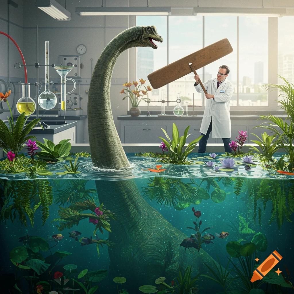 Scientist hitting dinosaur with oar in vegetated lab bath on Craiyon