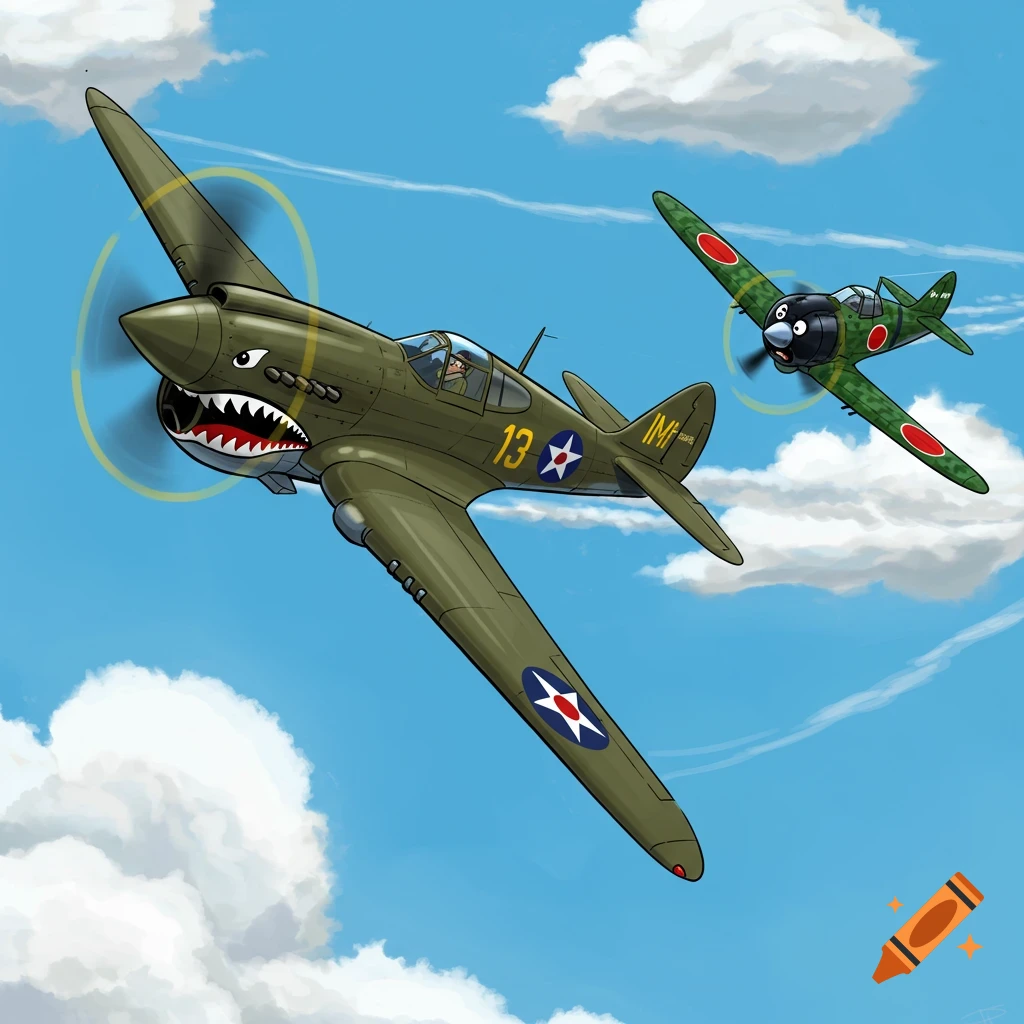 Cartoon illustration of a WWII dogfight with a P-40 Warhawk chasing a Zero fighter plane. on Craiyon